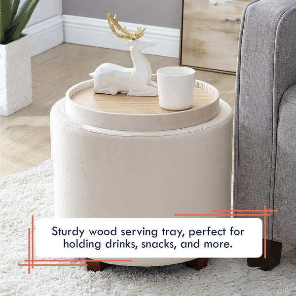 Lawrence Round Velvet Storage Ottoman with Table Top Lid Cream Ornavo Home