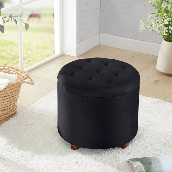 Donovan Round Tufted Velvet Storage Ottoman Black Ornavo Home