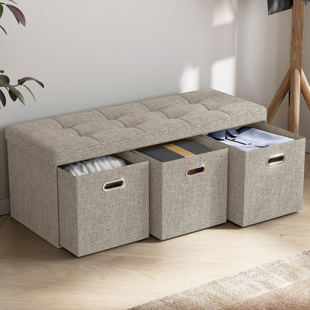 Foldable Tufted Linen Long Bench Storage Ottoman with 3 Drawers ...