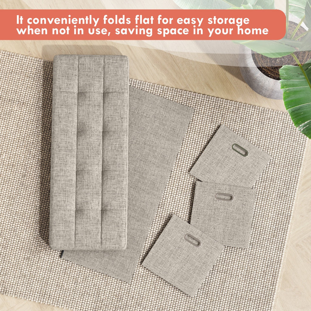 Foldable Tufted Linen Long Bench Storage Ottoman with 3 Drawers ...